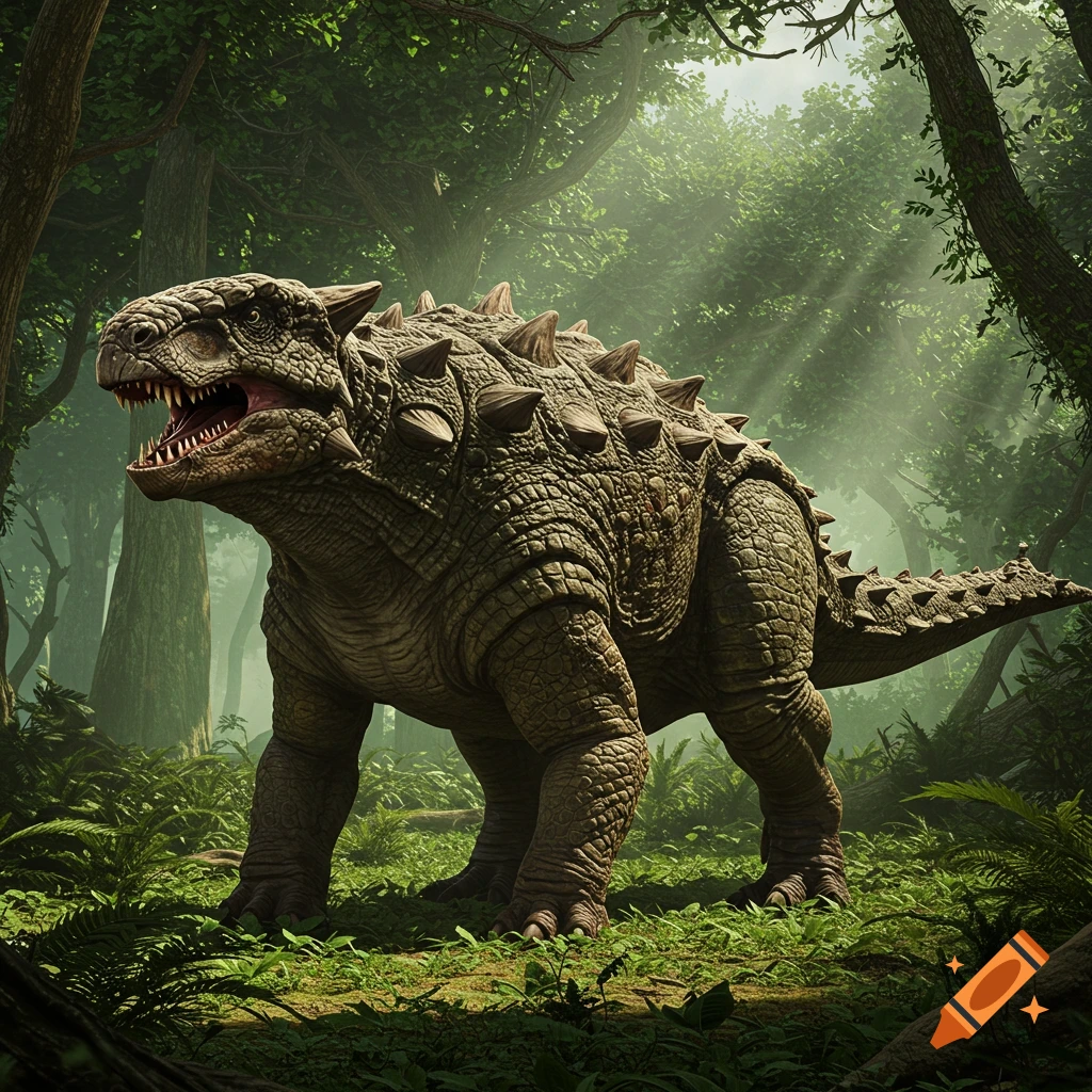 A vibrant red ankylosaurus stands in a jungle during a thunderstorm ...