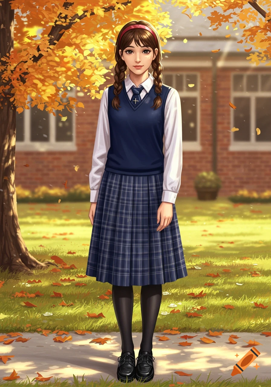 An illustrated young girl in a blue plaid school uniform with pigtails ...