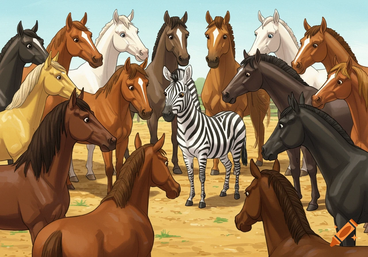 A cartoon image shows a zebra standing in the middle of a corral ...