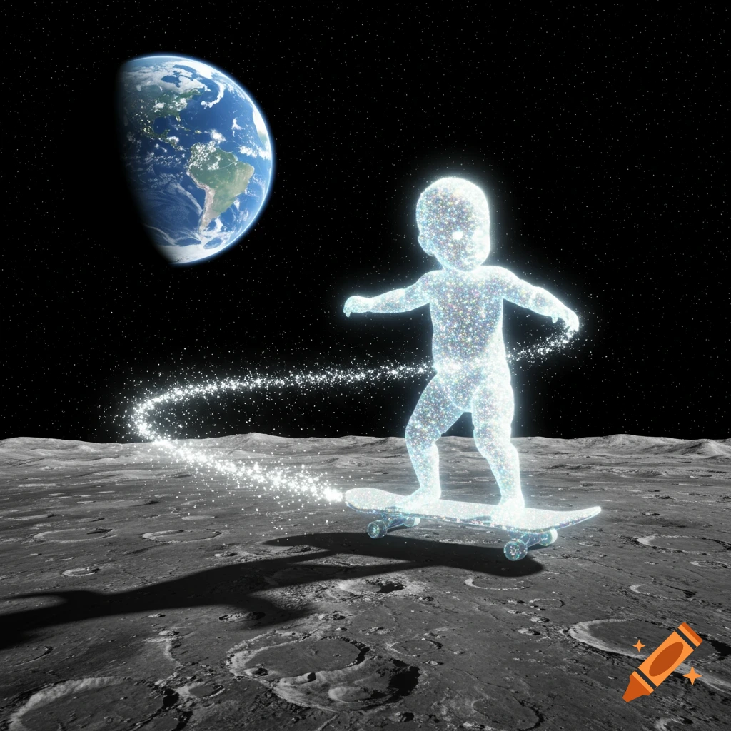 A glowing, sparkly baby figure on a skateboard on the moon with Earth ...