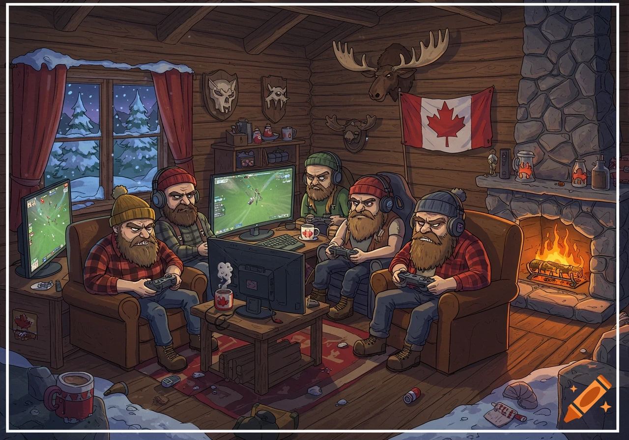 A cartoon Canadian mountie beaver riding a moose through a forest ...