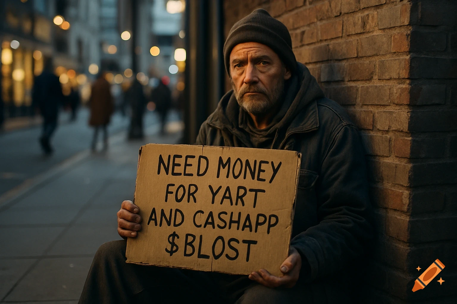 A photorealistic portrait of a bearded homeless man in a beanie and ...