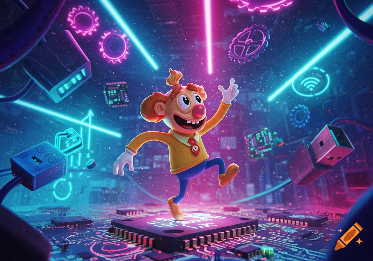 Happy cartoon character jumping on a glowing computer chip in a vibrant ...