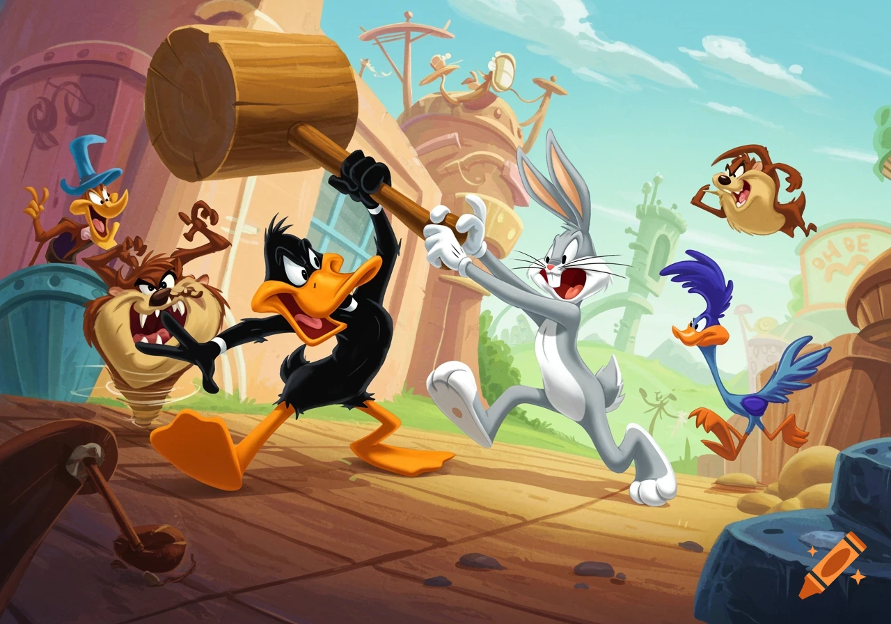 Bugs Bunny and Daffy Duck fight over a mallet with Taz and Road Runner ...