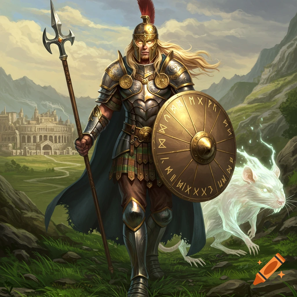 An armored knight with blonde hair, glowing eyes, kilt, spear, and ...