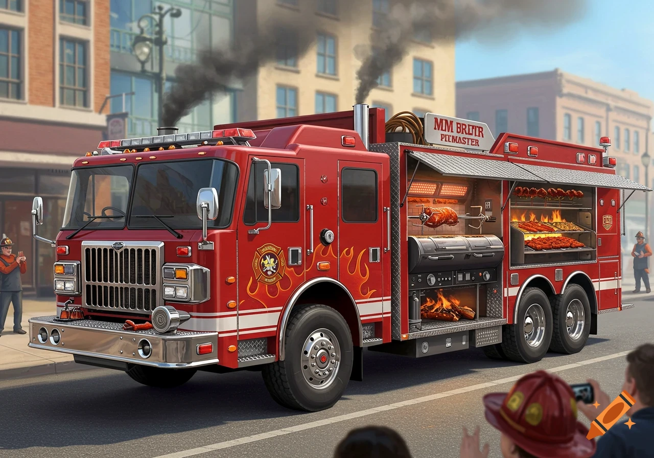 Photorealistic image of a red fire truck converted into a BBQ pitmaster ...