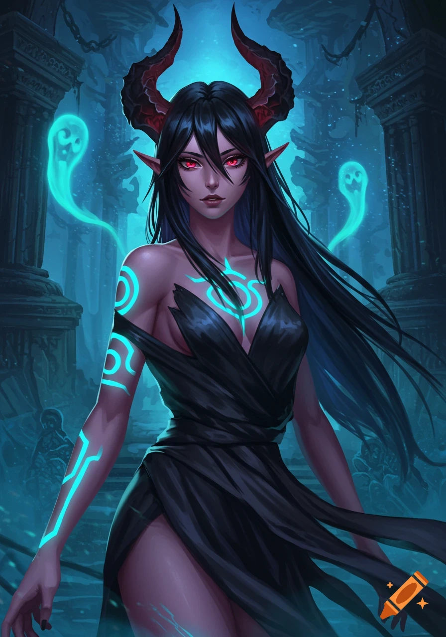 Anime demon woman with red horns, large red wings, and a tail, dressed ...