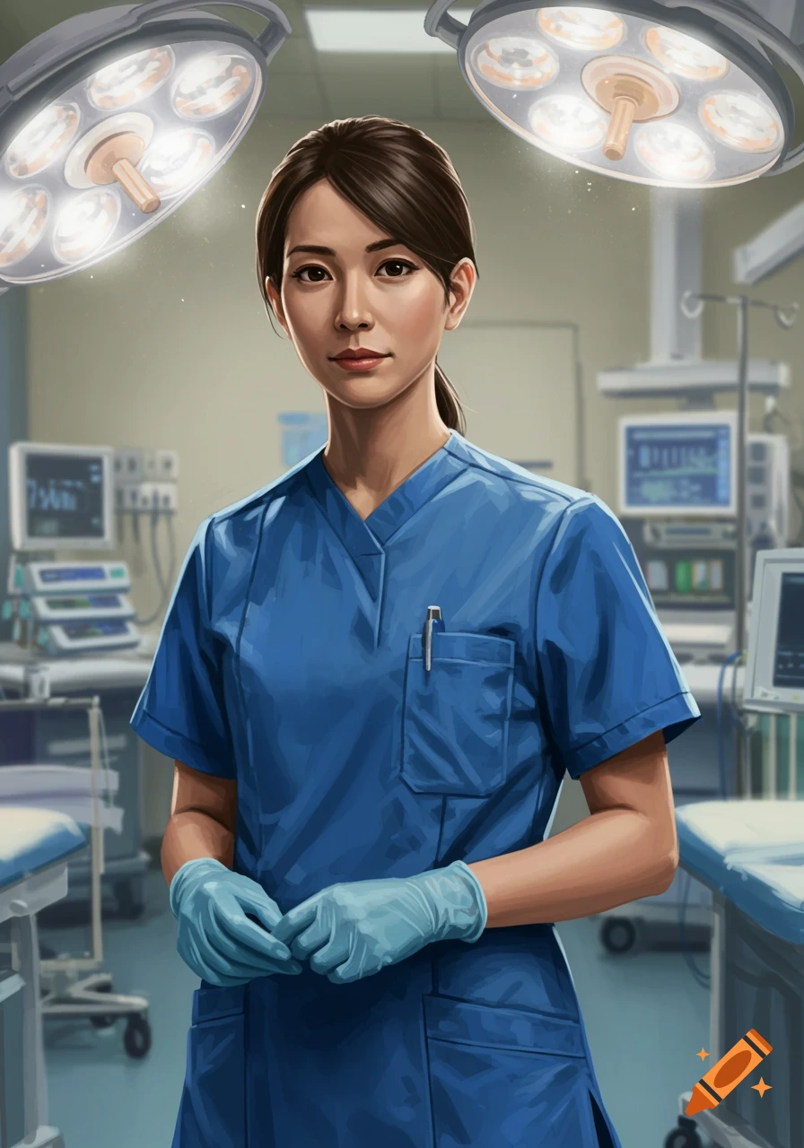 A digitally illustrated female nurse wearing a white uniform, glasses ...