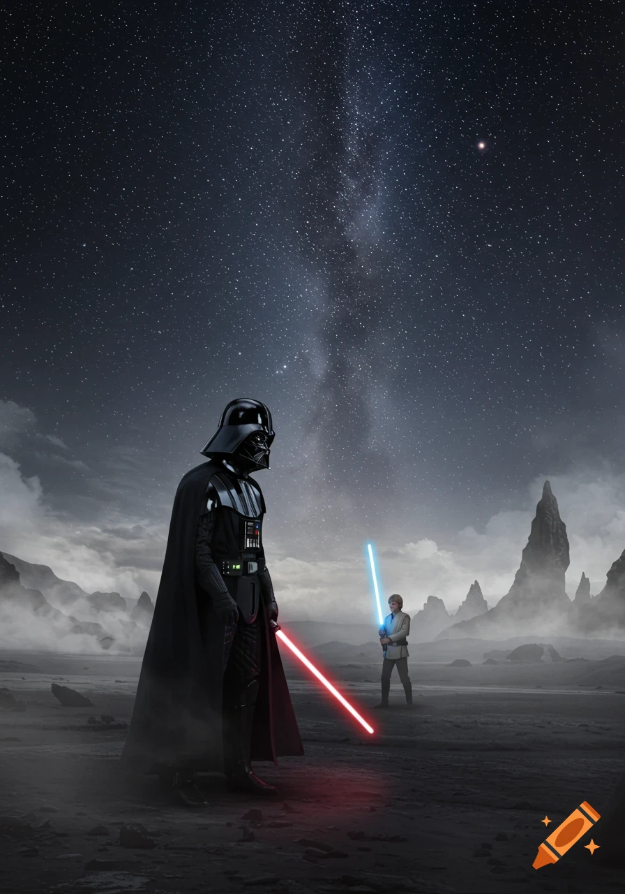 Darth Vader and Anakin Skywalker duel with blue lightsabers on a ...