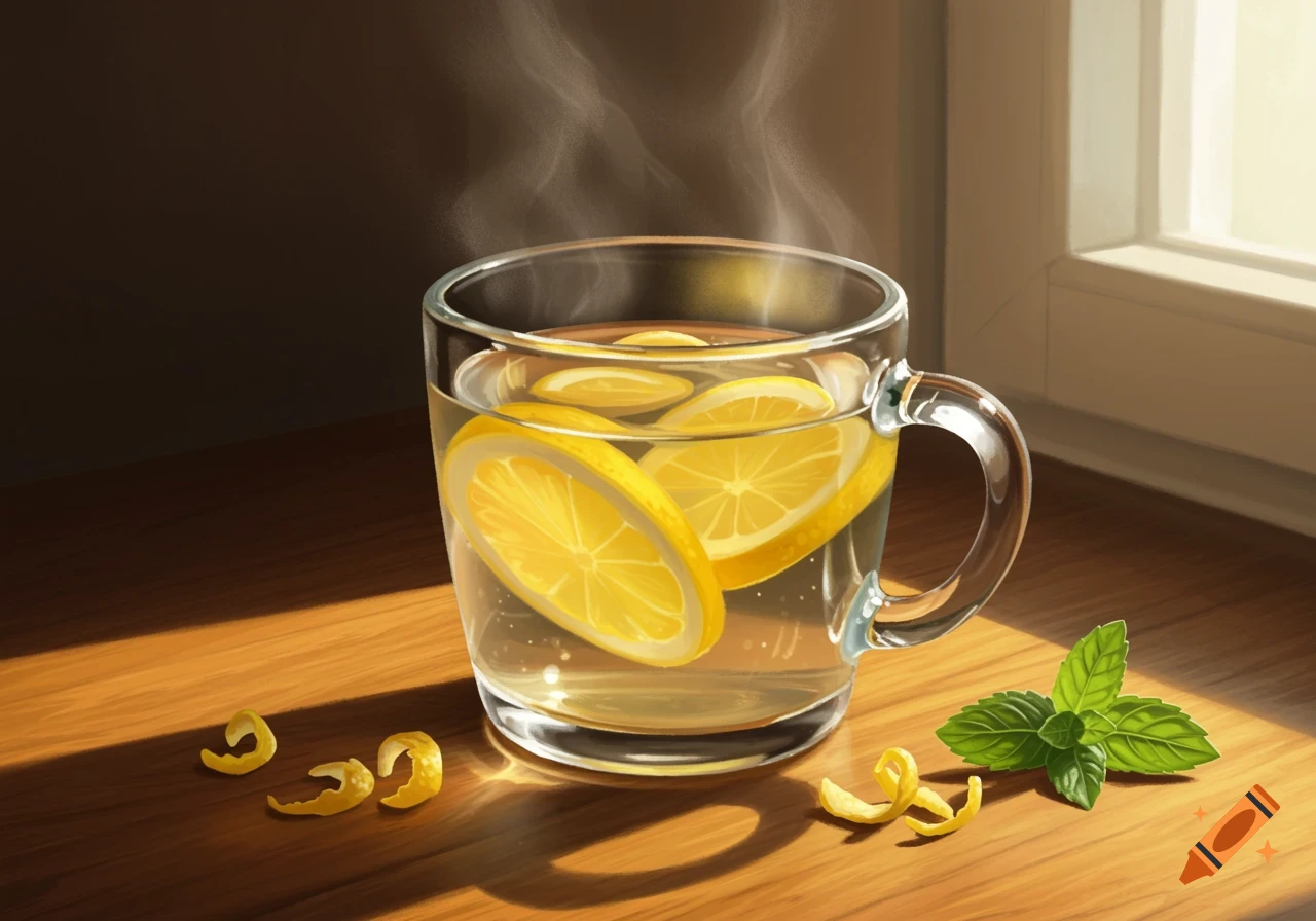 Steaming glass mug with hot water and lemon slices on a wooden table ...