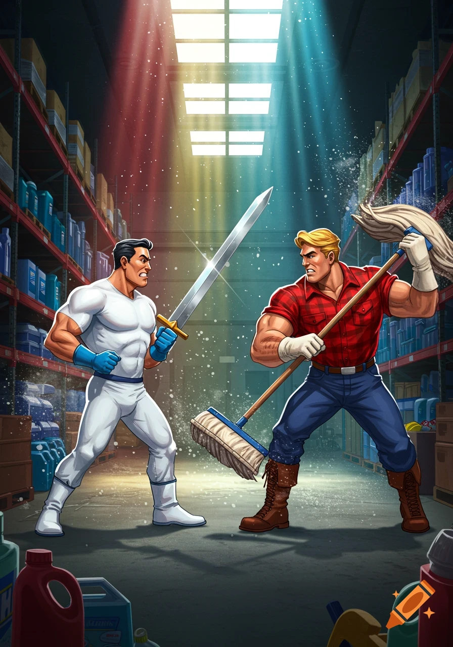 Comic art of Mr. Clean, wielding a sword, battling the Brawny Man ...