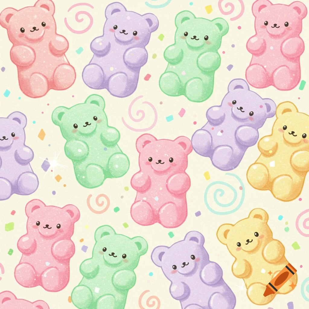 A seamless pattern of colorful, sparkly, cute cartoon gummy bears in ...