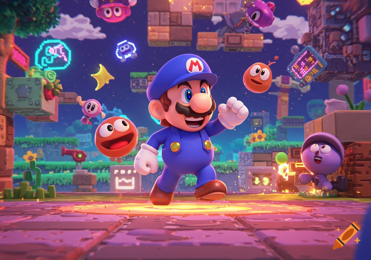 Mario, two Kirbys, and Sackboy in a vibrant cartoon video game world ...