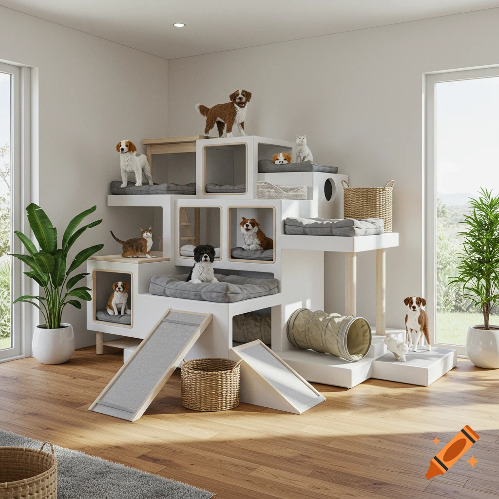 Photorealistic image of a multi-level white pet furniture structure ...