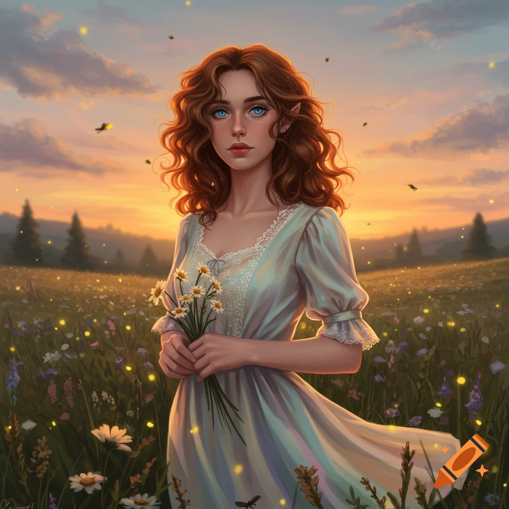 A stylized digital art portrait of a woman with long red curly hair ...