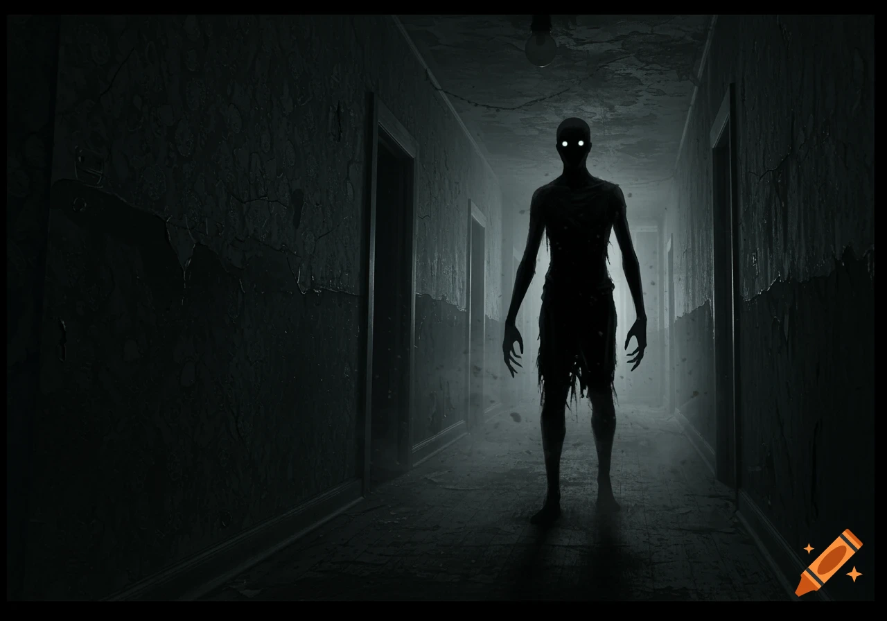 A dark, shadowy figure with glowing eyes stands in a dimly lit ...