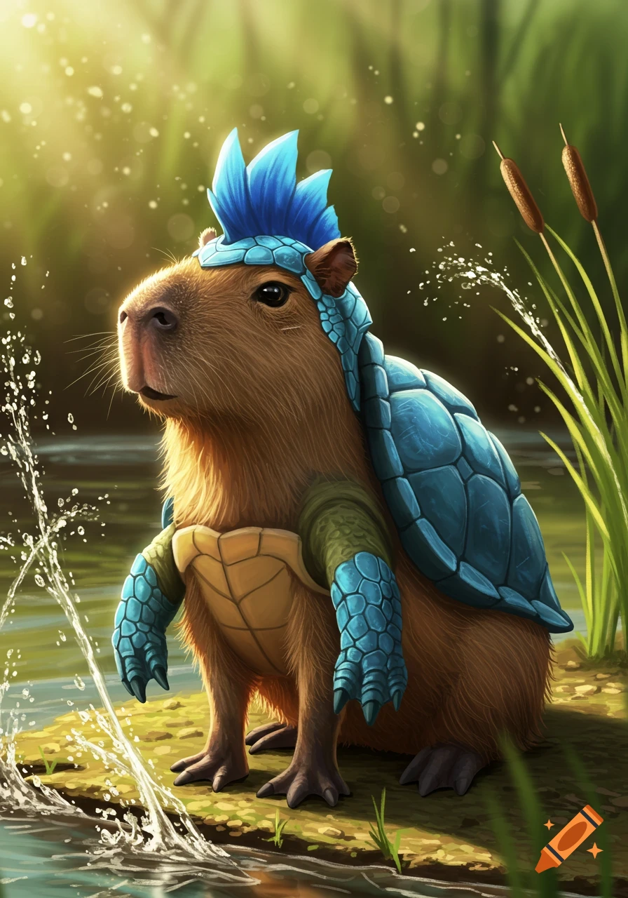 A cute illustrated capybara stands in a grassy field with a smiling ...
