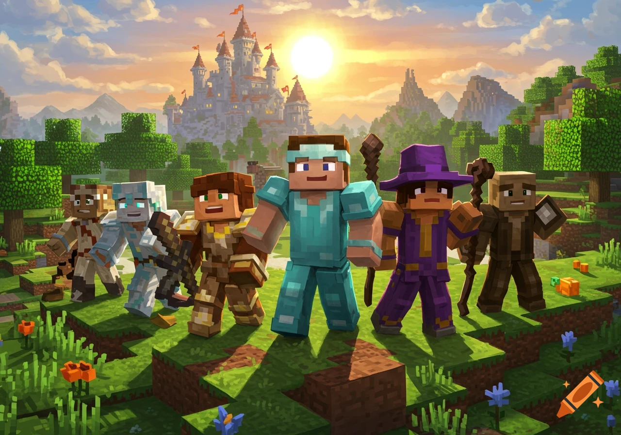 Minecraft characters in armor stand in a blocky landscape with a castle ...