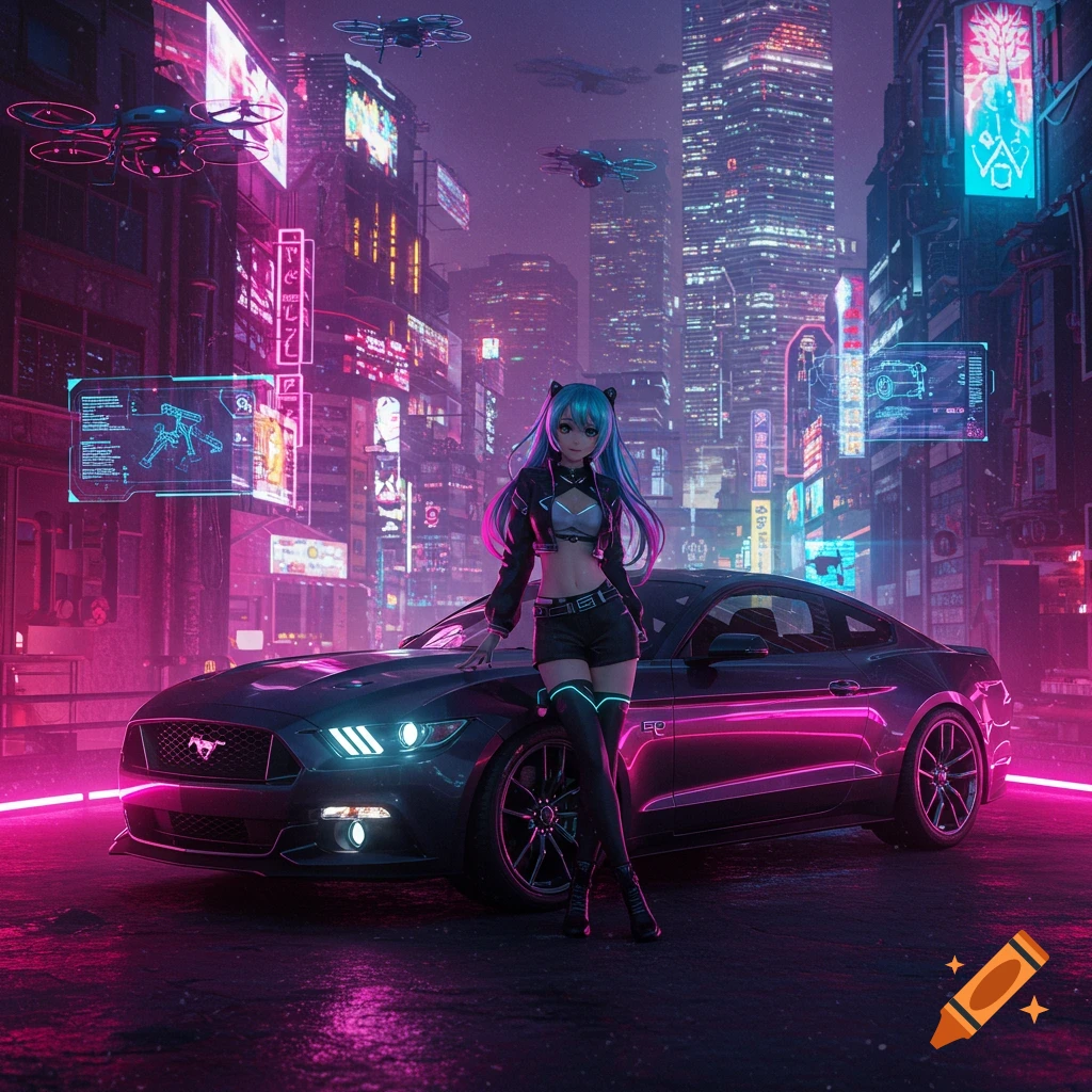 An anime woman with blue hair stands next to a silver motorbike on a ...