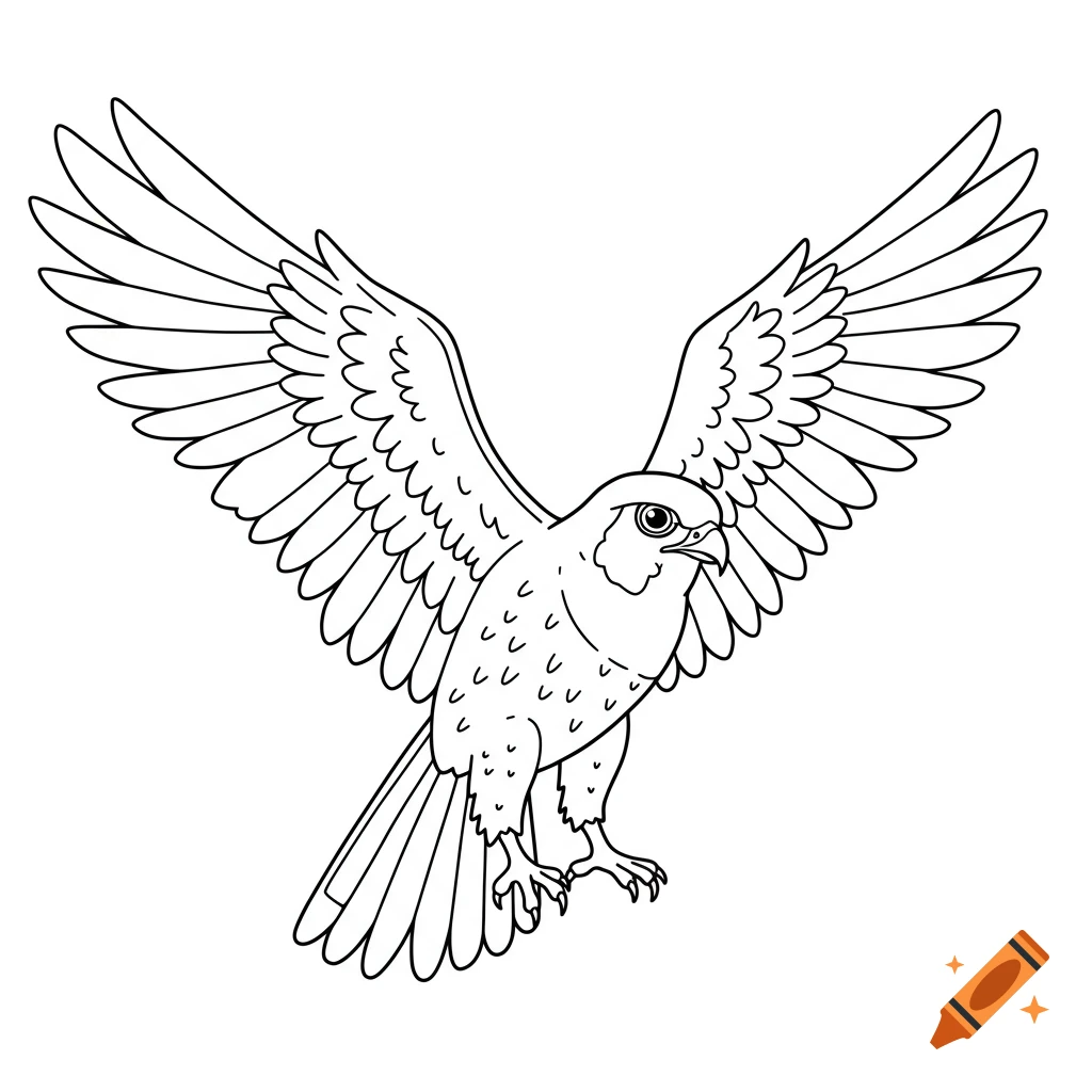 Black and white outline drawing of a falcon with spread wings, suitable for a coloring book. on ...