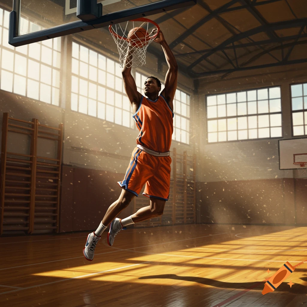 A male basketball player dunks a basketball in a sunlit gymnasium. on ...
