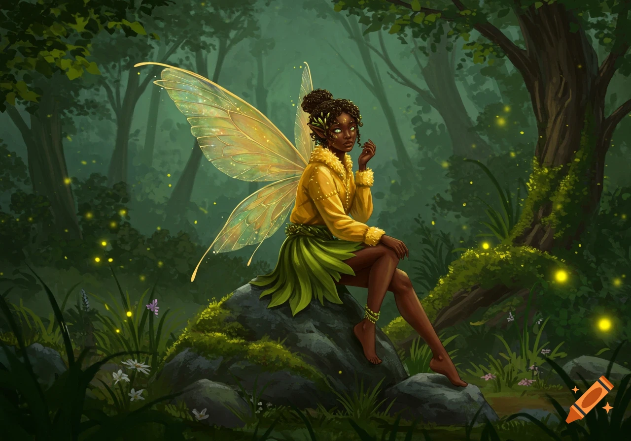 A red-haired fairy with translucent wings sits on a lily pad in a ...