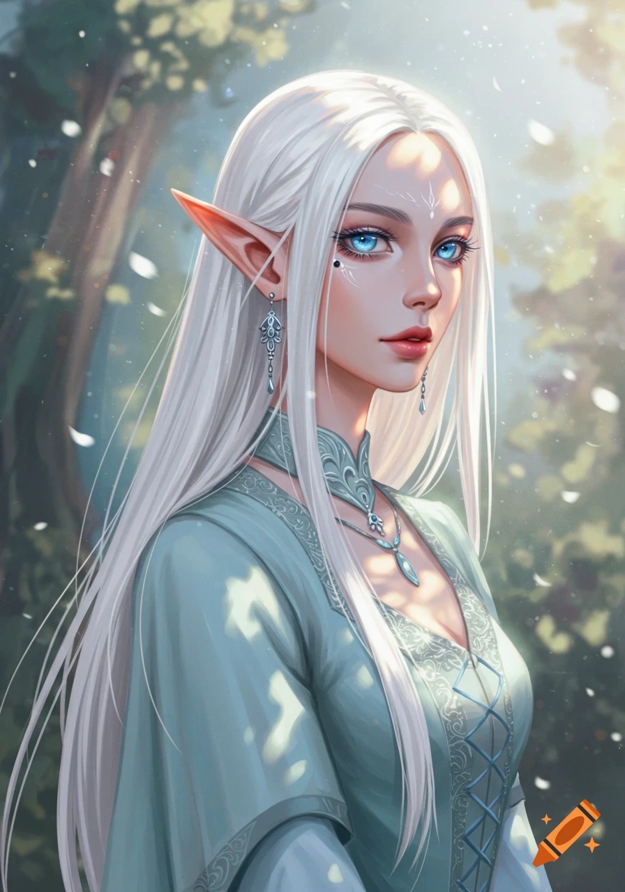 An ethereal female elf with long white hair and striking blue eyes ...