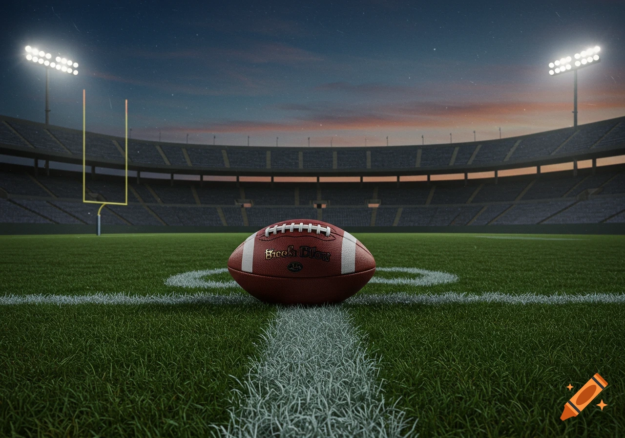 A close-up, photorealistic view of a football centered on a white line ...