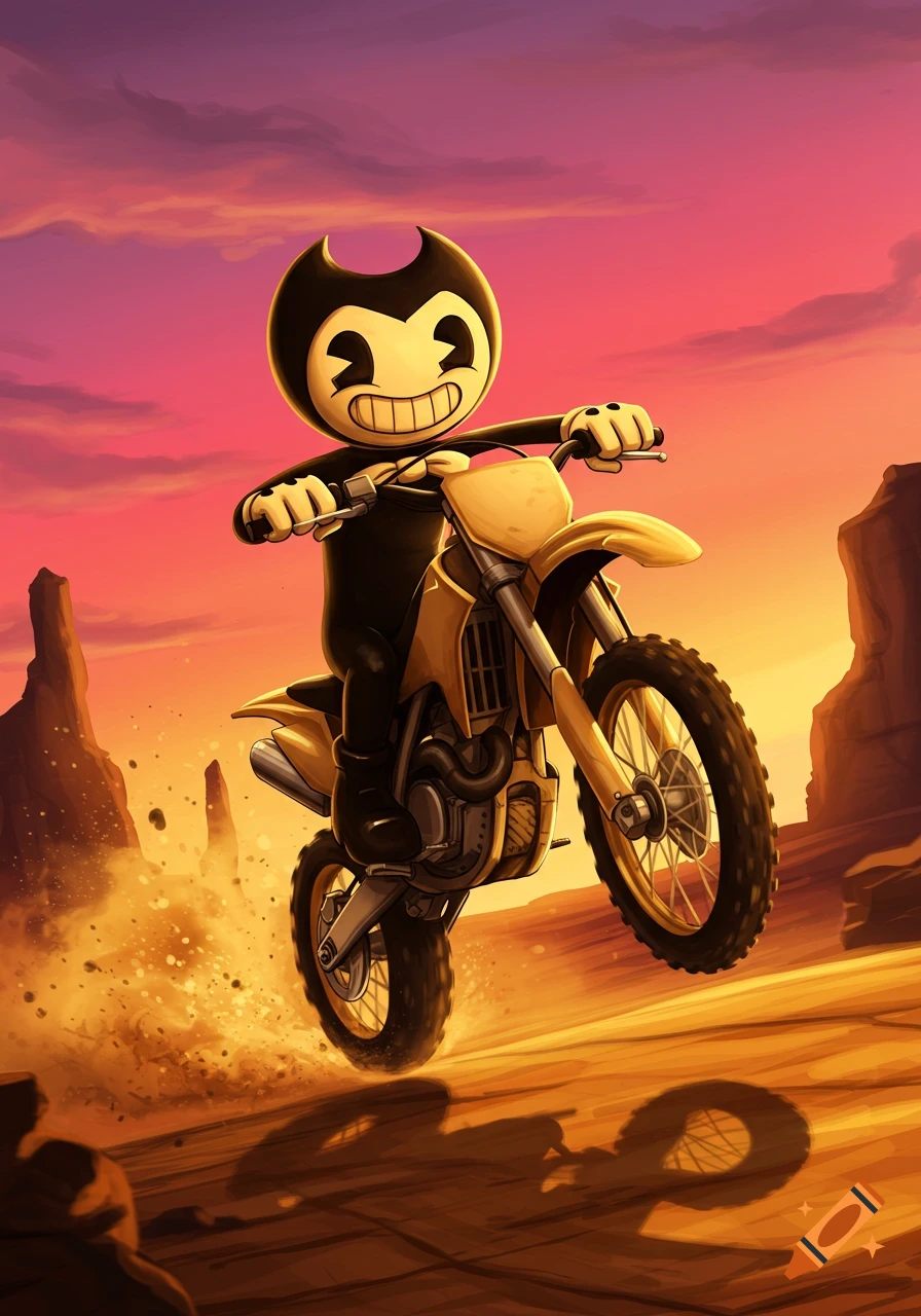 Bendy, the cartoon character, rides a dirt bike through a desert at ...