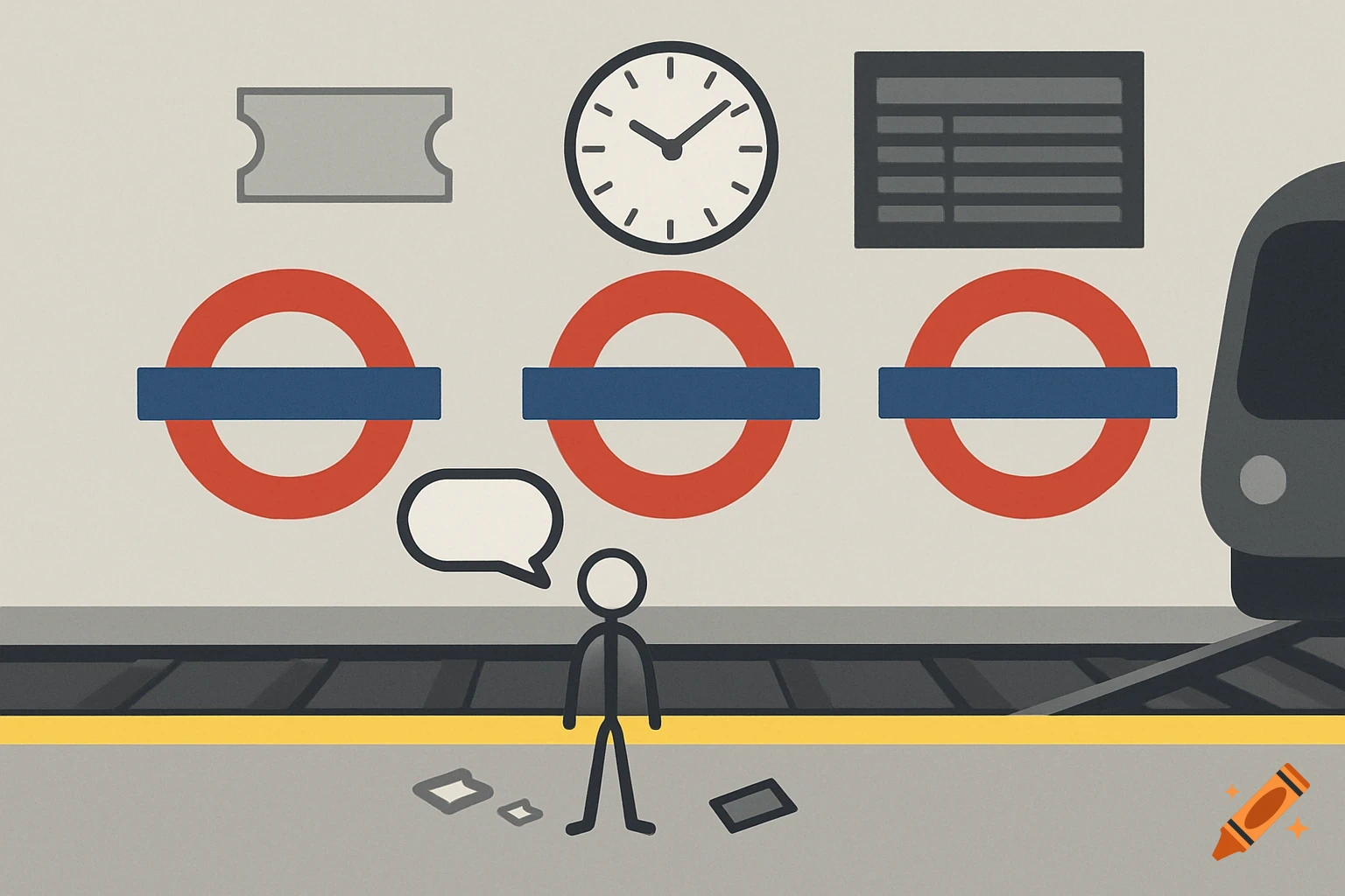 Minimalist illustration of a subway platform with a stick figure ...