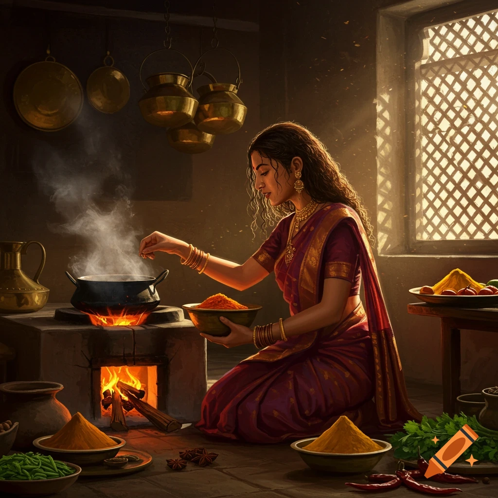 A woman in a traditional Indian sari cooks over a wood-fired stove in a ...