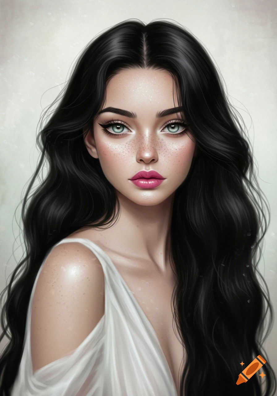 A digital art portrait of a woman with long black wavy hair, pale skin with freckles, and ...