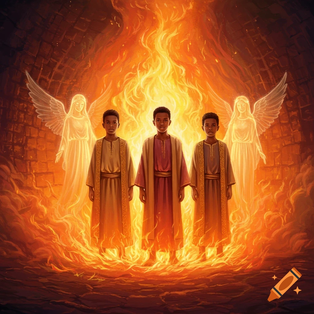Three boys and two angels stand unharmed in a large, blazing fiery ...