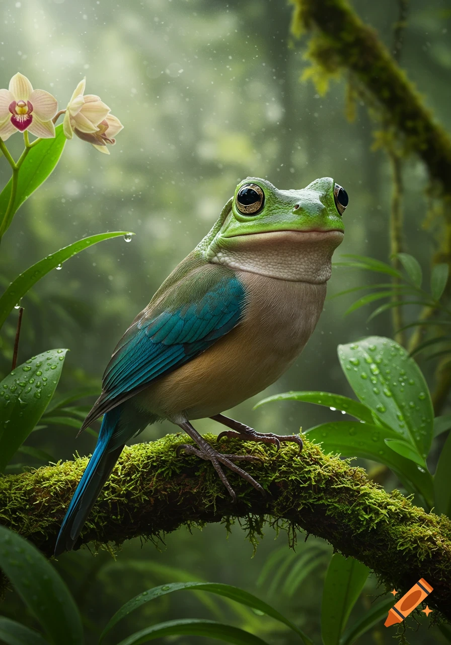 A cute blue bird with a small brown backpack perched on a branch in a ...