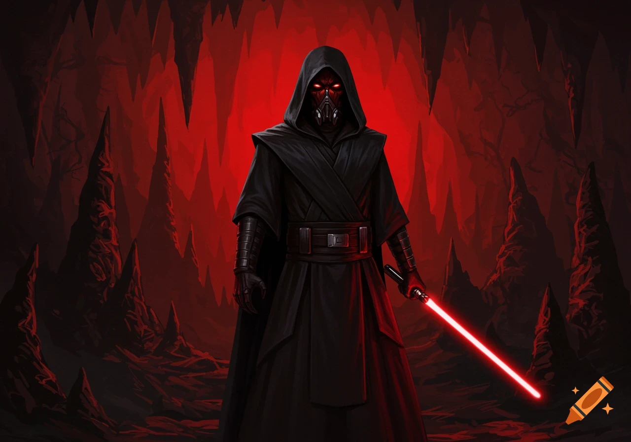 A menacing Kel Dor Sith Lord in a black hooded robe holds a red ...