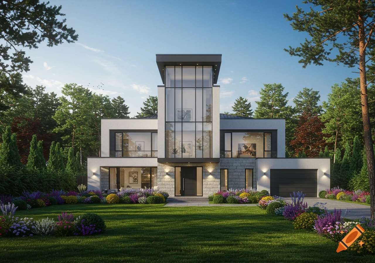 A large, modern stone mansion with wooden accents and glass balconies overlooking an infinity ...