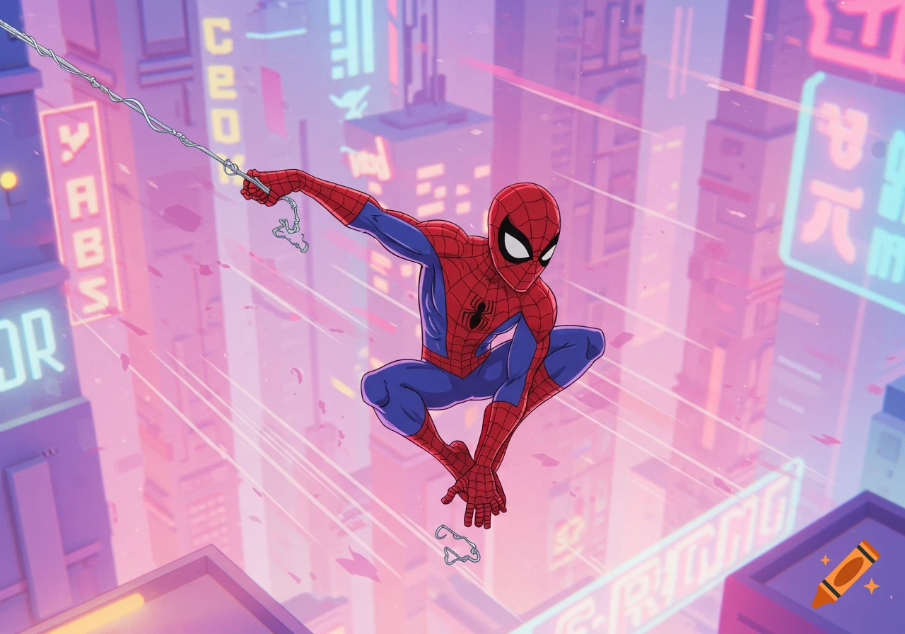 Spider-Man swings through a futuristic city with pink and purple neon ...