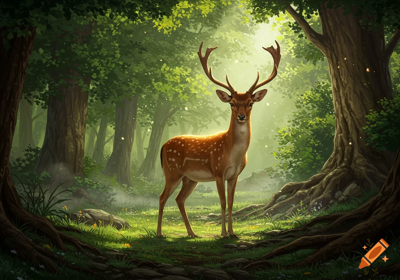 An adult deer stands on a sunlit forest path, surrounded by tall trees ...