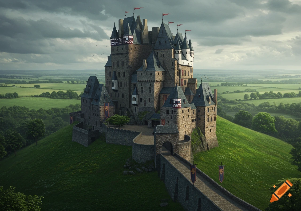 A photorealistic medieval castle on a green hill with a long stone ...