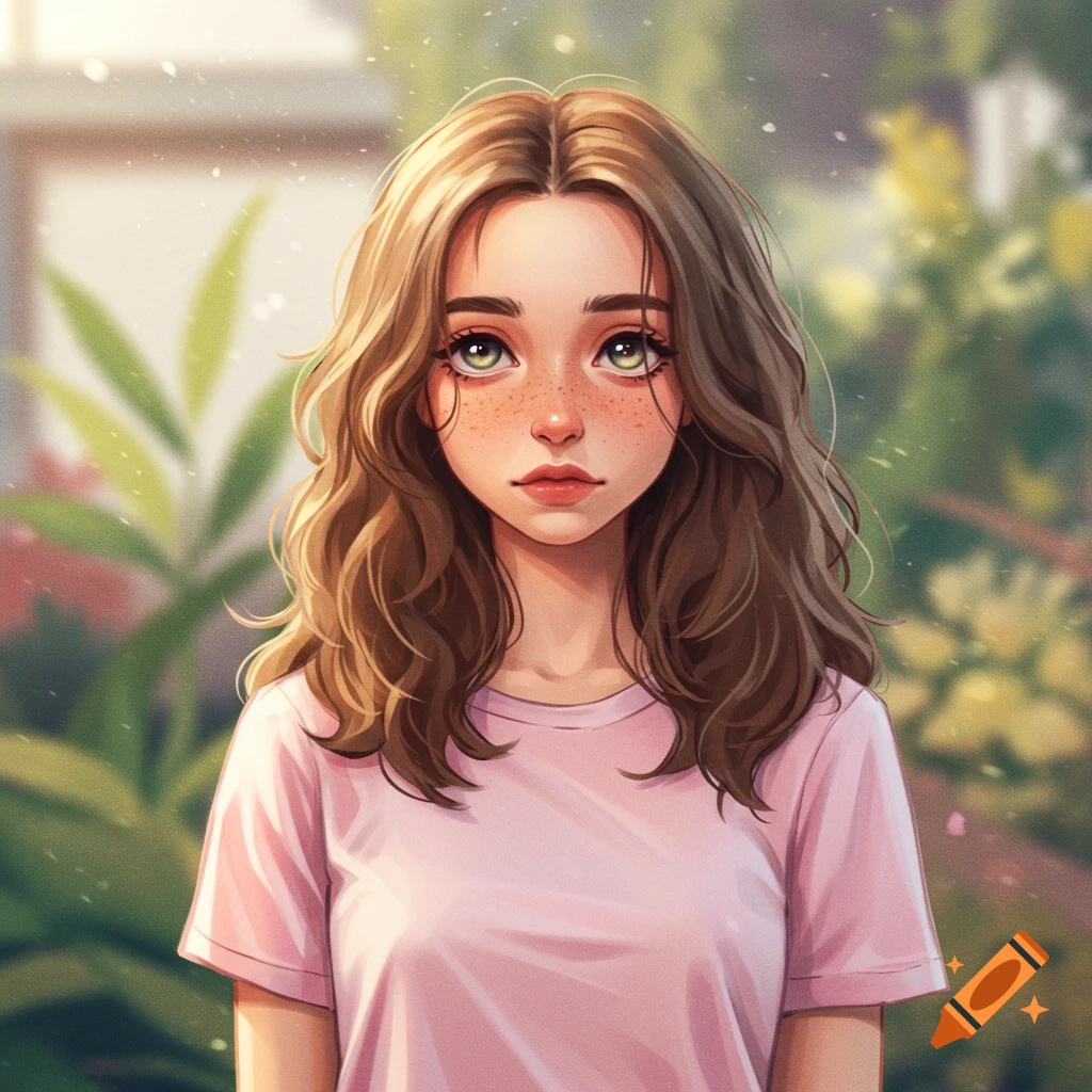 Portrait of a girl with long brown hair, green eyes, and freckles against a cloudy sky. on Craiyon