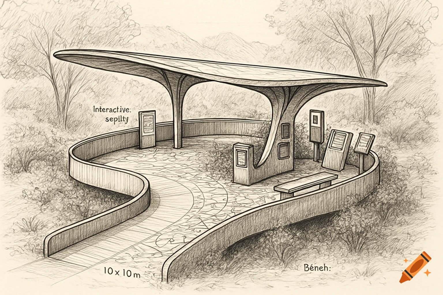A sepia-toned sketch of an asymmetrical viewing platform with a curved ...