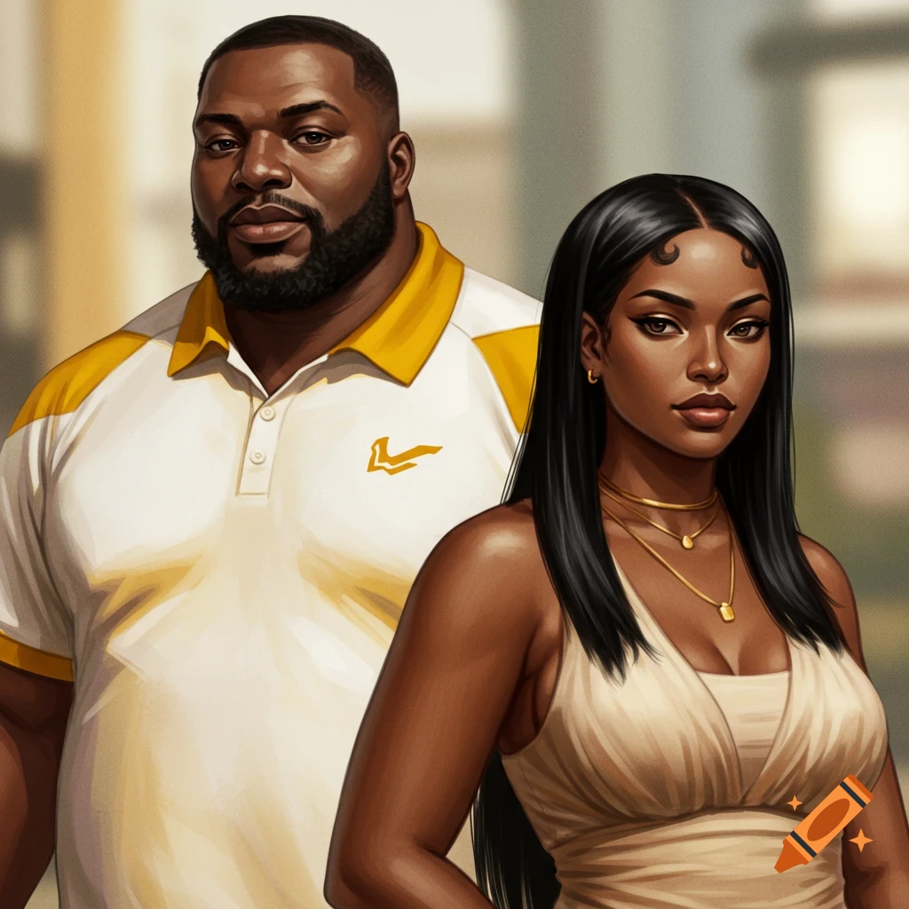 An illustration of a heavy-set Black man in a white and yellow collared shirt standing behind a ...