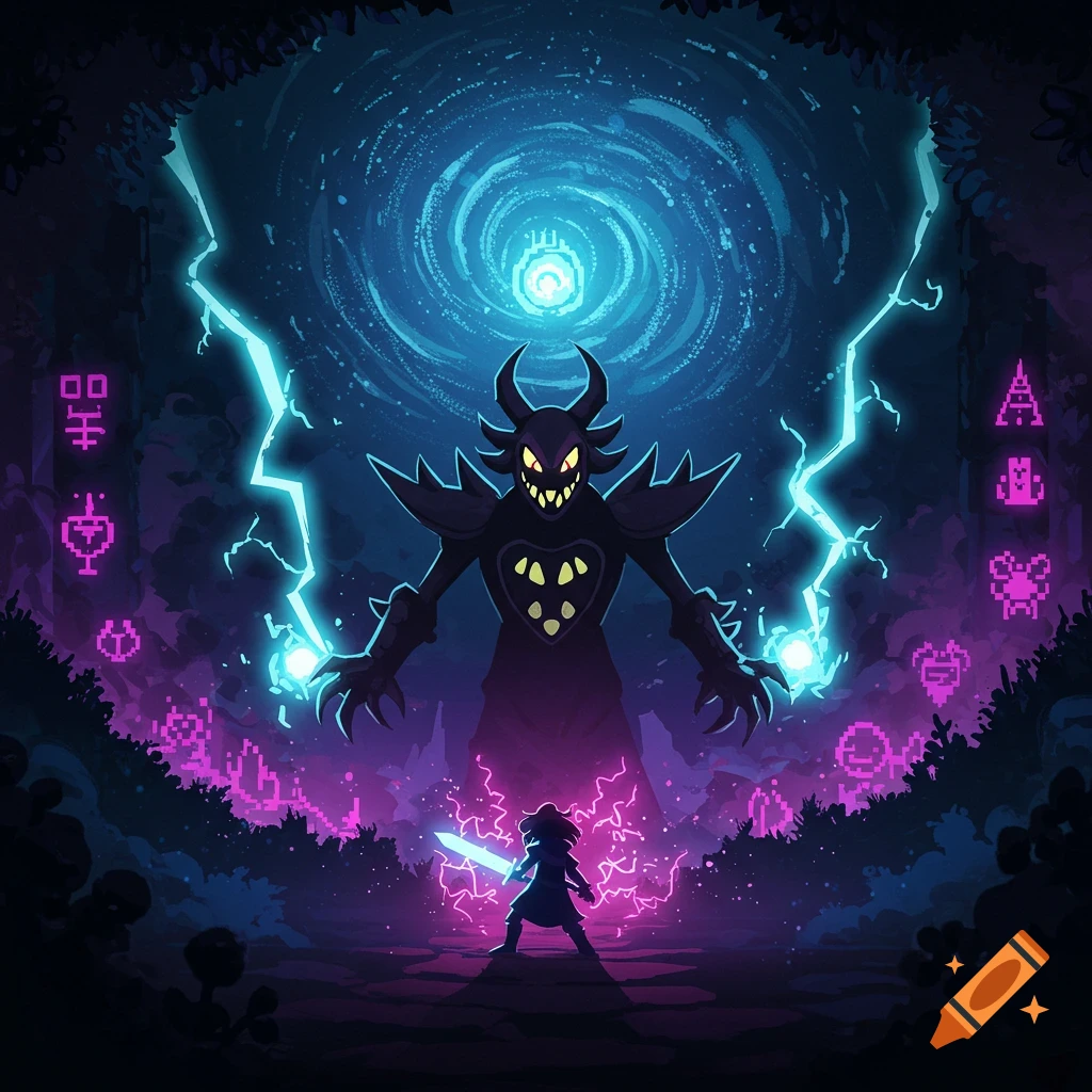 A small, silhouetted hero with a glowing sword faces a large, shadowy ...