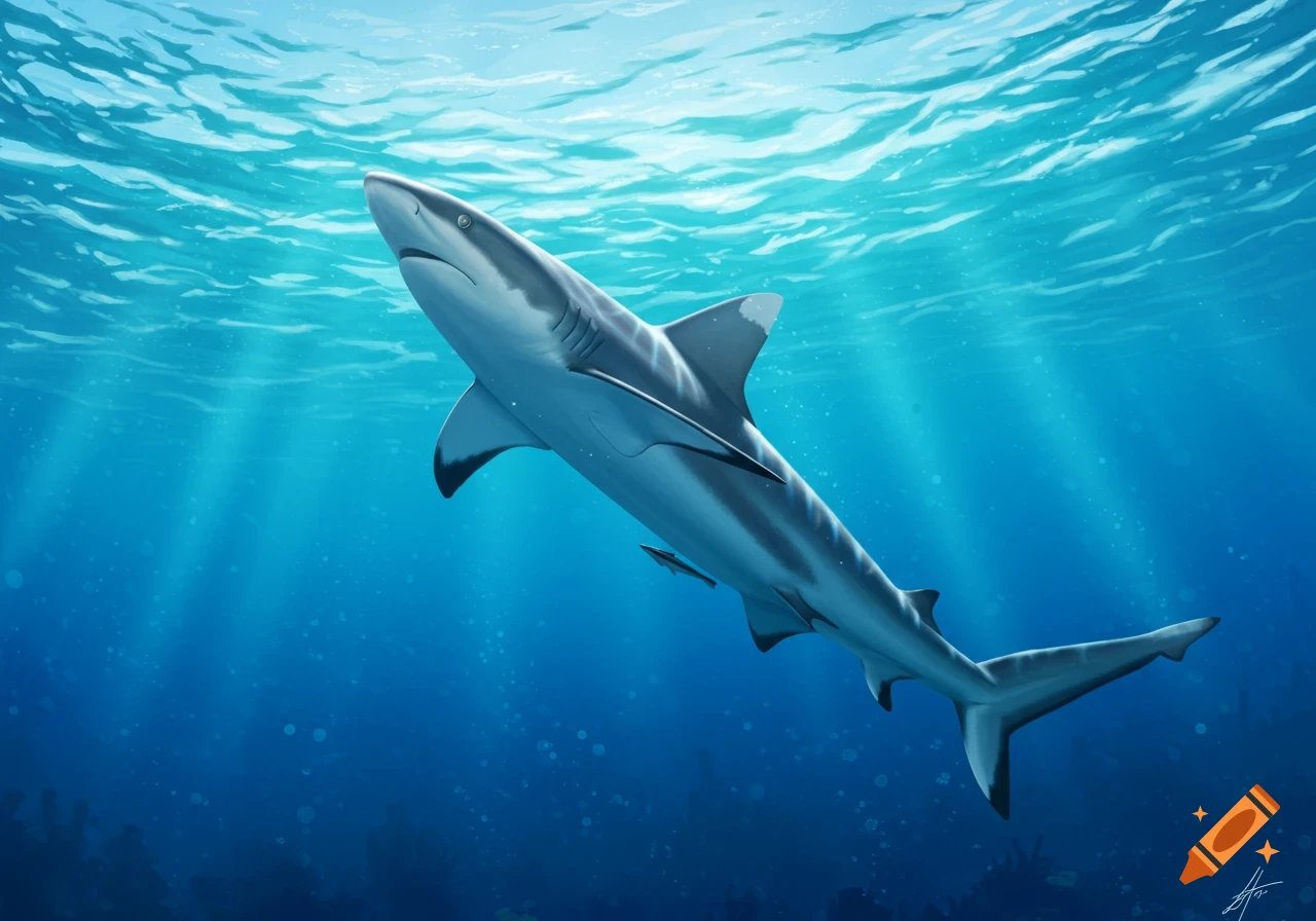 A realistic illustration of a whitetip reef shark swimming upwards in ...