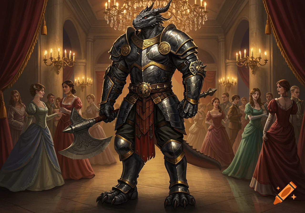 A green-scaled Dragonborn in dark green and gold armor, holding a ...