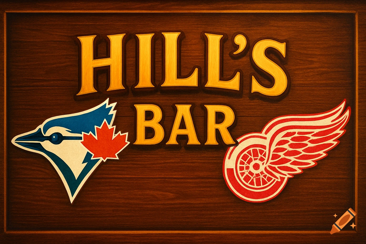 A rustic wooden sign with 'HILL'S BAR' carved in gold, flanked by the ...
