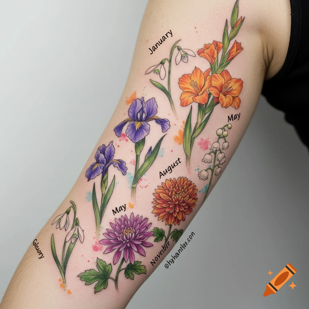 A colorful watercolor style tattoo on an arm, depicting various birth ...