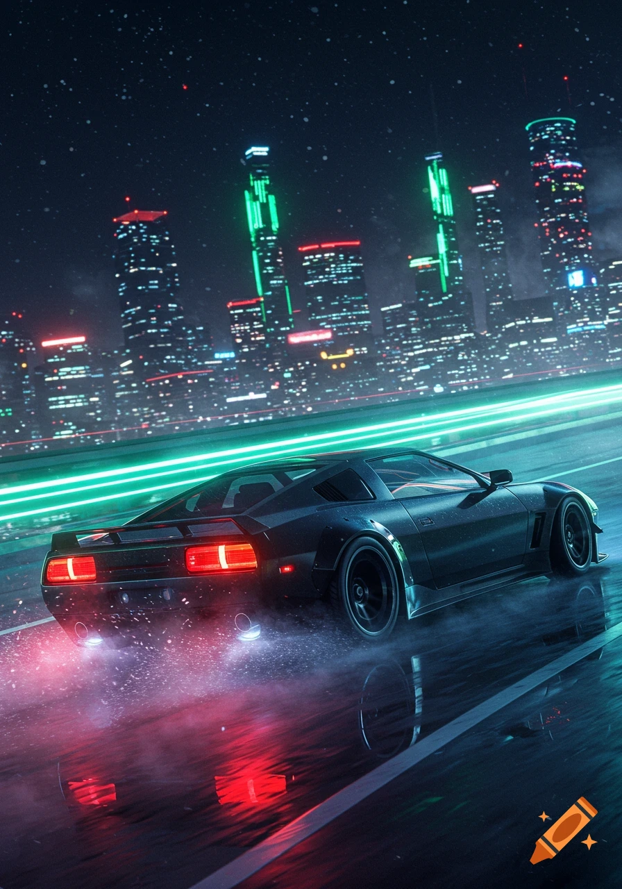A black sports car speeds down a wet city street at night, trailing ...