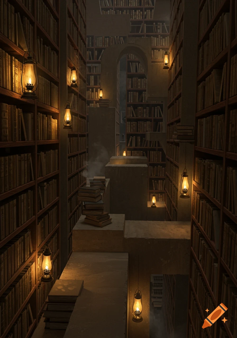 A dark, mysterious library maze filled with tall bookshelves and ...