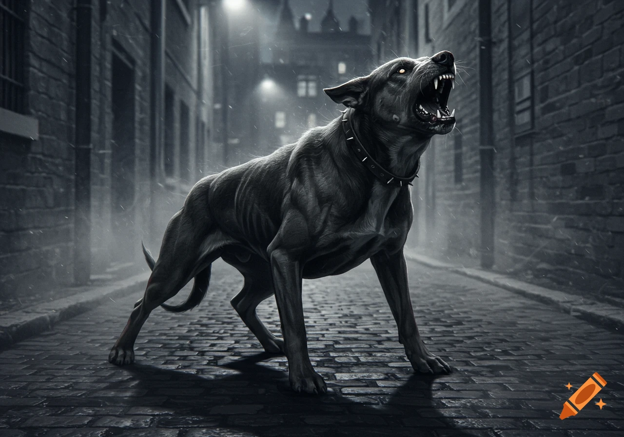 A sad dog sits alone on a wet cobblestone street in a rainy, moonlit ...